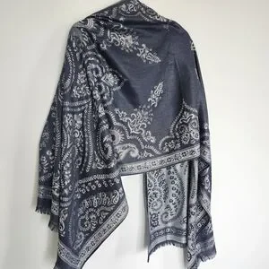cleo | Accessories | Navy Blue And Silver Paisley Scarf Wrap Shawl 2 ...